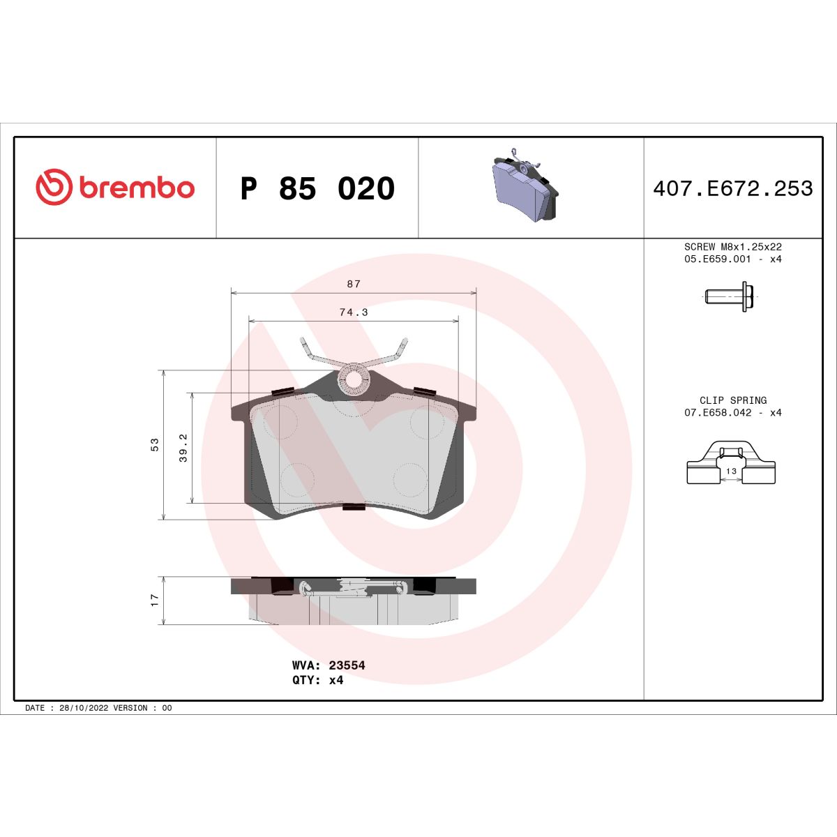 Bremsbelagsatz BREMBO P 85 020, Hinten für Audi, Citroen, Fiat